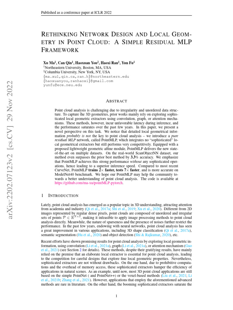 Ma Et Al. - 2022 - RETHINKING NETWORK DESIGN AND LOCAL GEOM - ETRY IN POINT CLOUD: A SIMPLE ...