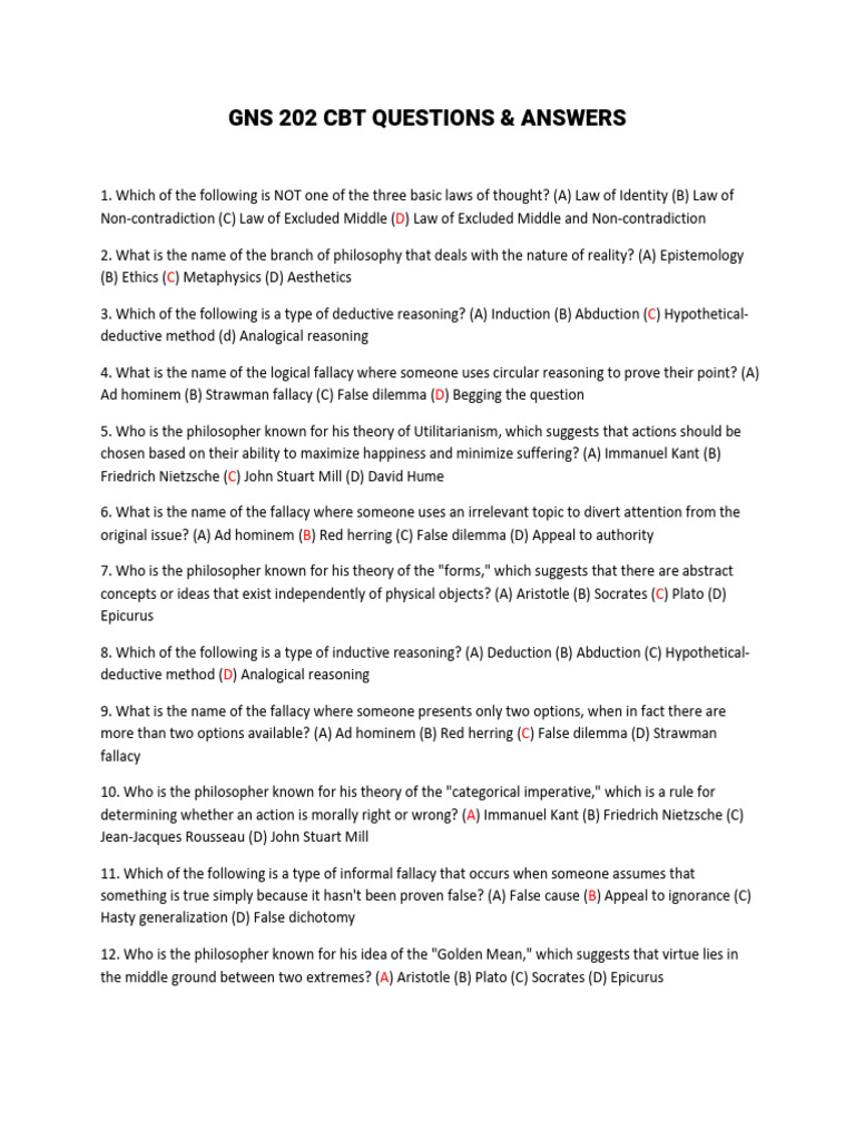 GNS 202 Philosophy Questions & Answers | PDF | Social Science | Philosophy