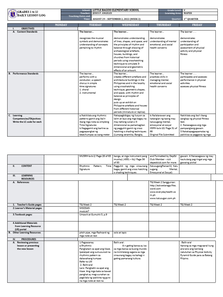 DLL - Mapeh 5 - Q1 - W2 | PDF | Learning | Cognition