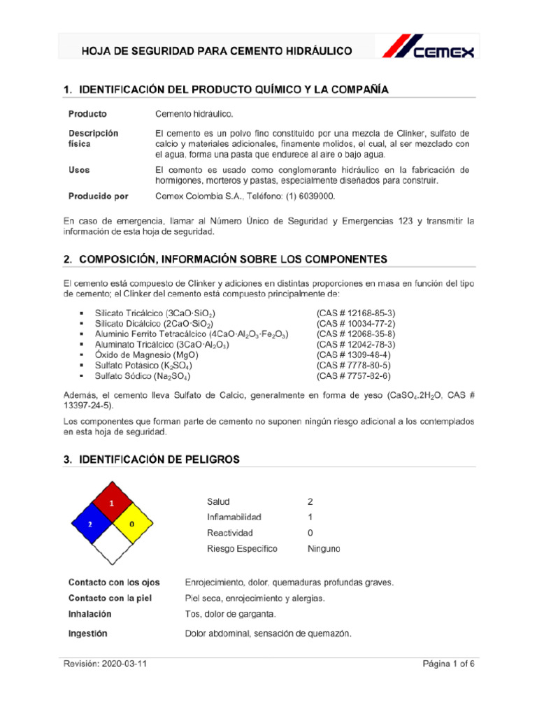 3.1 Hoja de Seguridad Cemento Cemex | PDF
