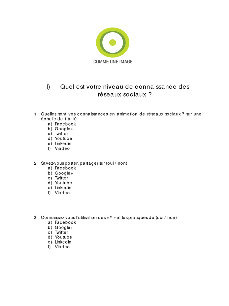 Questionnaire Strategie Reseaux Sociaux | Download Free PDF | Réseaux sociaux | Études sur la ...