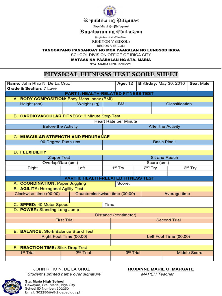 Physical Fitnesss Test Score Sheet | PDF | Physical Fitness | Physical ...