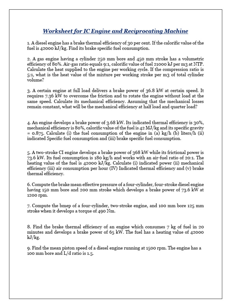 IC Engine Worksheet | PDF | Diesel Engine | Engines