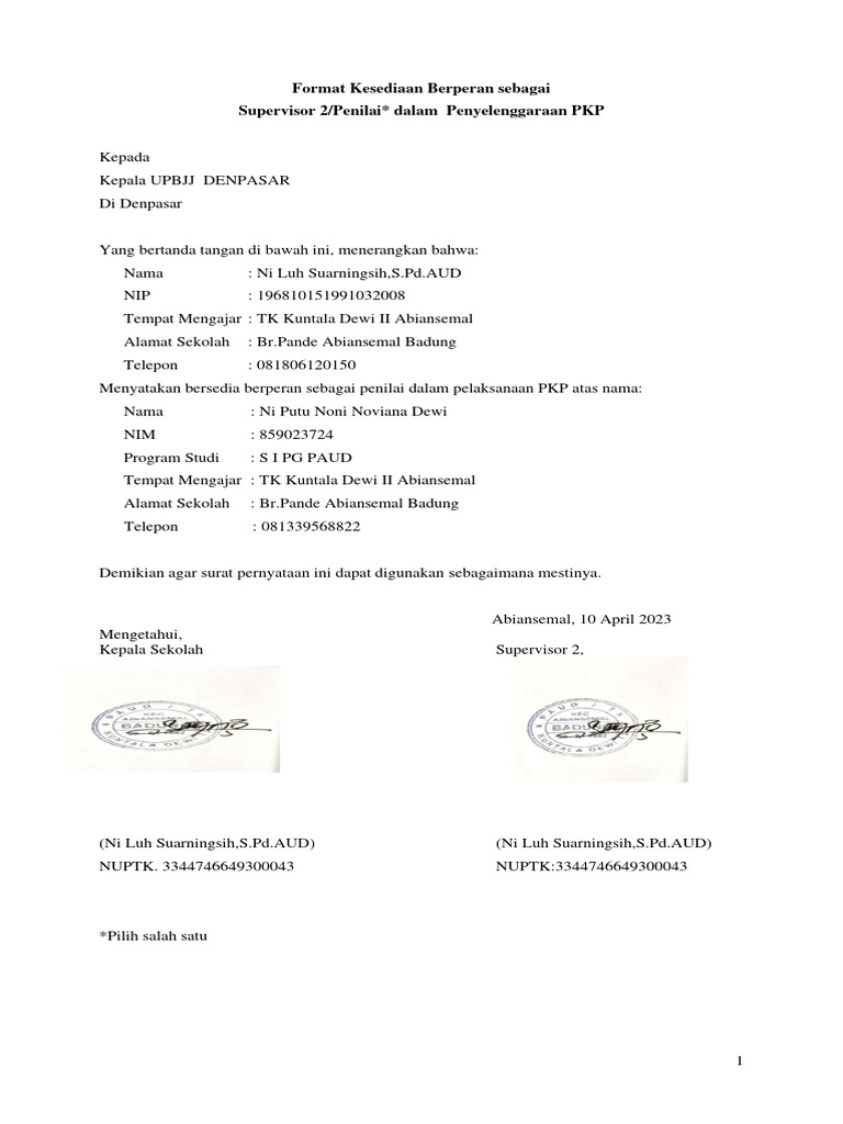 Contoh Form Surat Kesediaan Supervisor 2penilai Noni Noviana Dewi | PDF