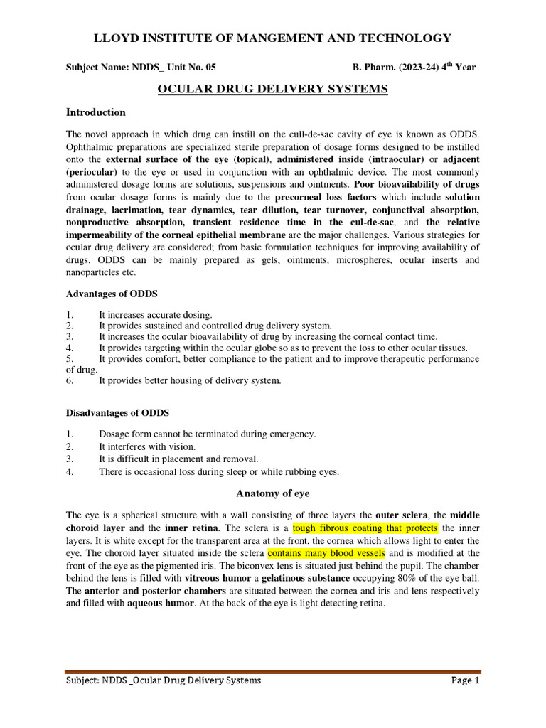 Occular Drug Delivery System - Unit V - Notes | Download Free PDF ...
