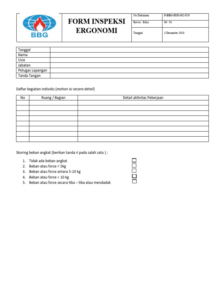 Form P-BBG-HSE-002.F19 Form Inspeksi Ergonomi | PDF