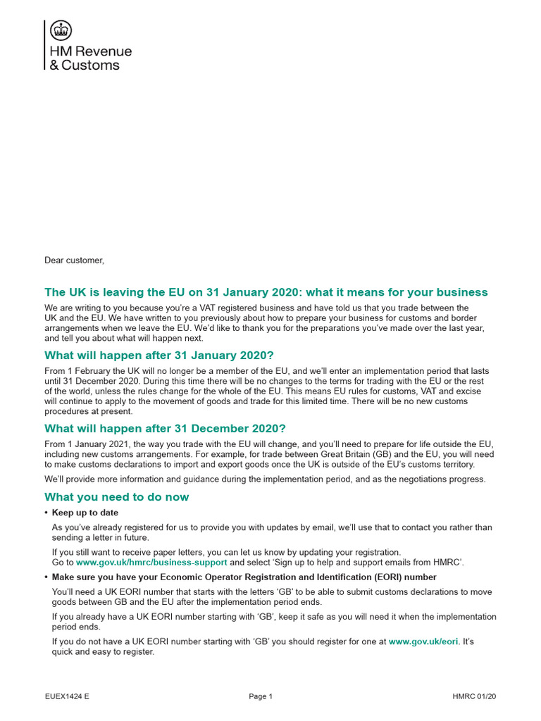 Letter To VAT-registered Traders in Great Britain About Leaving The EU ...