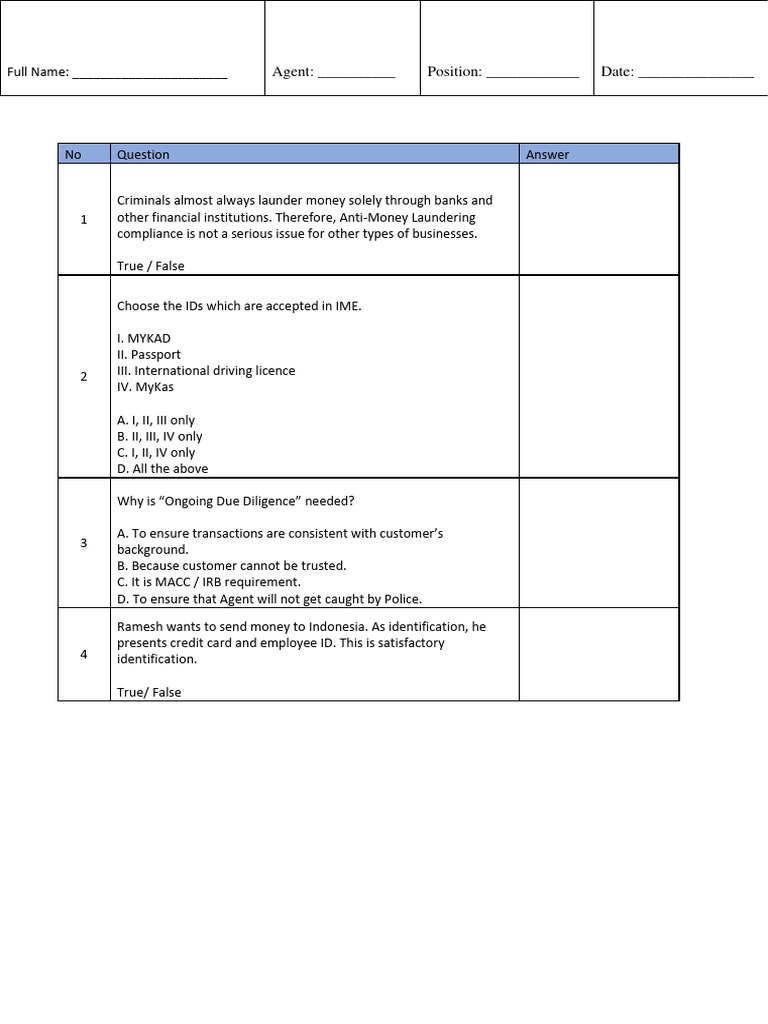 Anti-Money Laundering Compliance Quiz | PDF | Identity Document ...