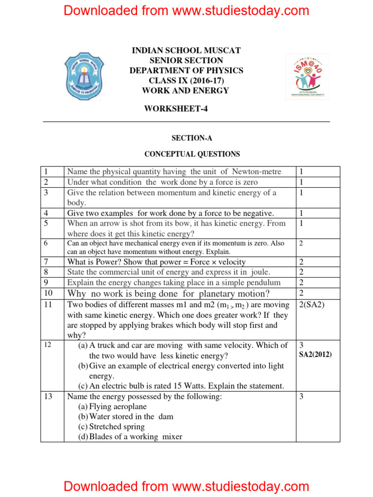CBSE Class 9 Science Worksheet - Work and Energy - 1 | Download Free ...