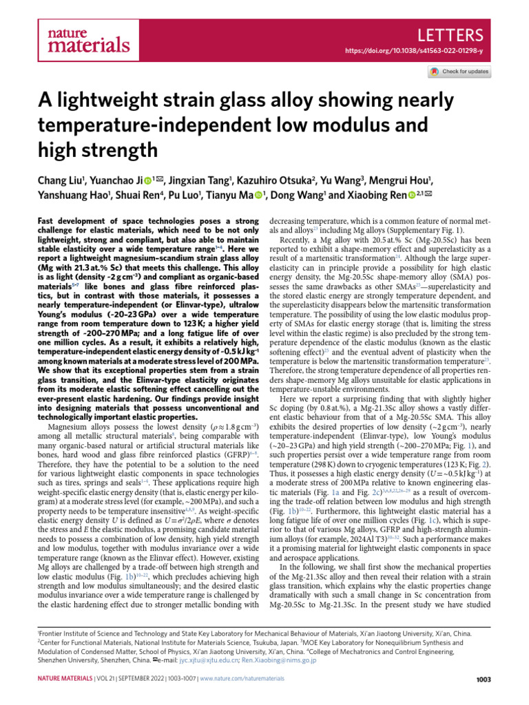 A Lightweight Strain Glass Alloy Showing Nearly Temperature-Independent ...