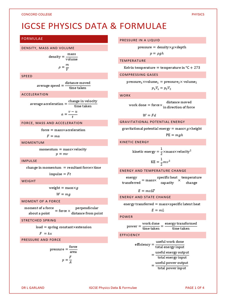 IGCSE Physics Data and Formulae Guide | PDF | Force | Resistor