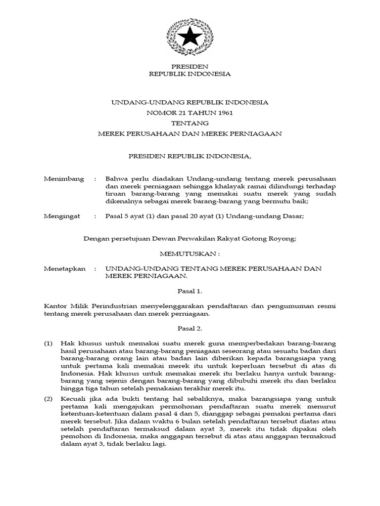 UU Nomor 21 Tahun 1961 | PDF