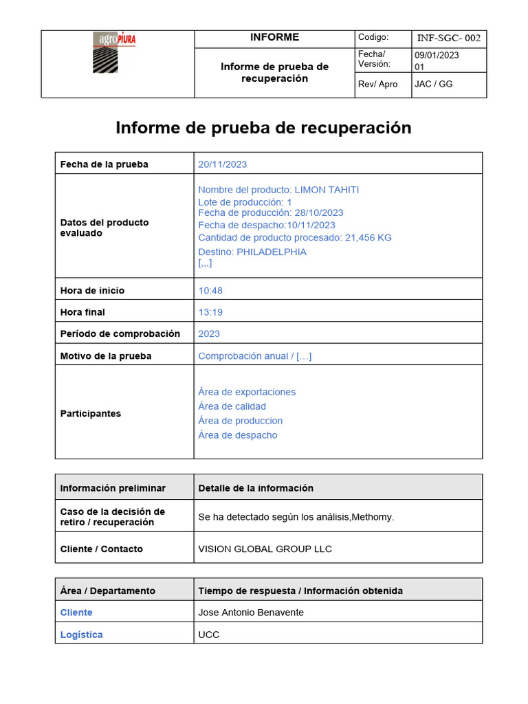 INF - SGC - 002 Modelo de Informe de Prueba de Recuperación | PDF