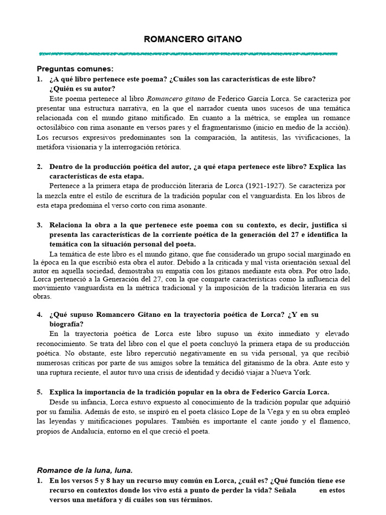 ROMANCERO GITANO - Preguntas | PDF | Federico García Lorca | Poesía