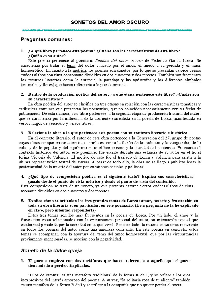 SONETOS DEL AMOR OSCURO - Preguntas | PDF | Poesía | Sonetos