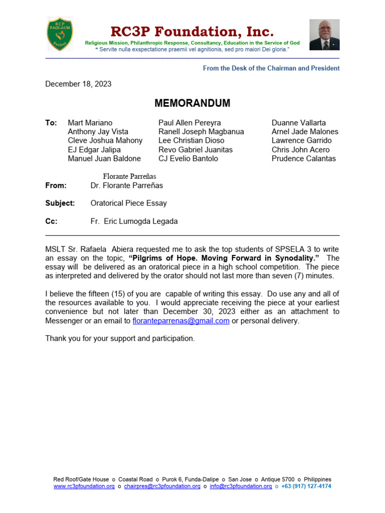 Essay Writing Oration Memo Pilgrims of Hope | PDF