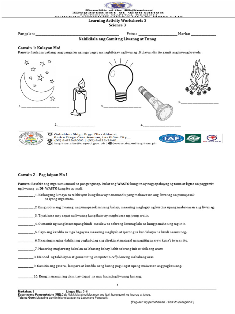 Learning Activity Worksheets 3 Science 3 Nakikilala Ang Gamit NG ...
