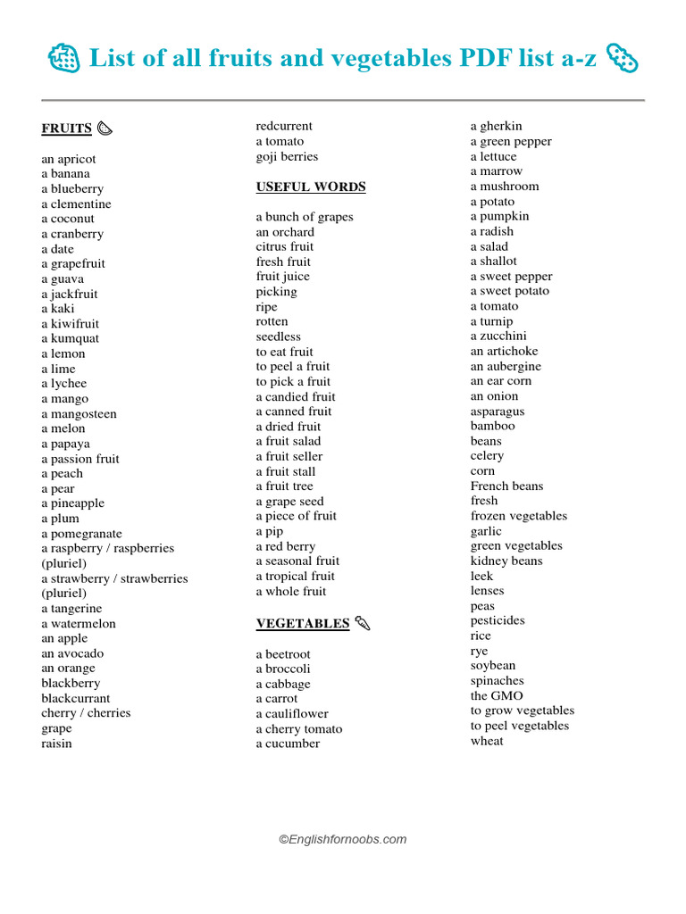 List of All Fruits and Vegetables | PDF | Fruit | Vegetables