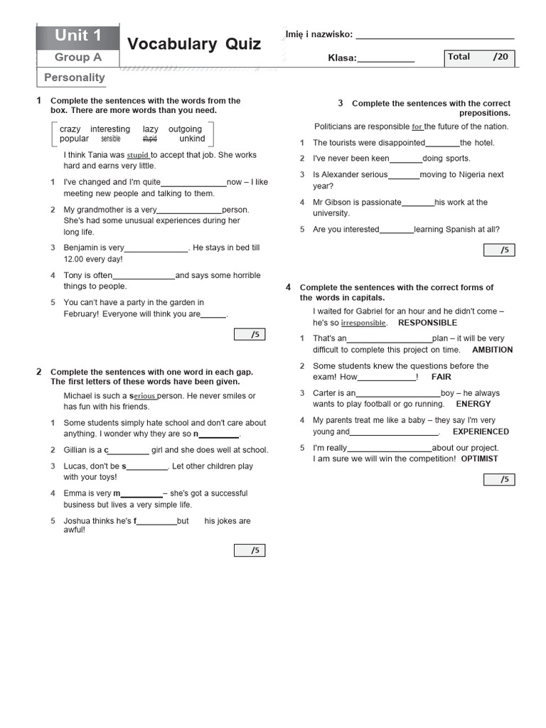 Unit 1 Vocabulary Quiz Group A | PDF
