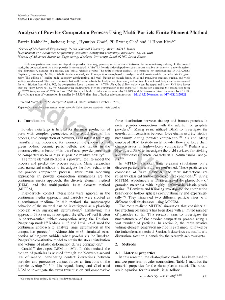 Analysis Of Powder Compaction Process Using Multi Particle Finite Element Method Download Free