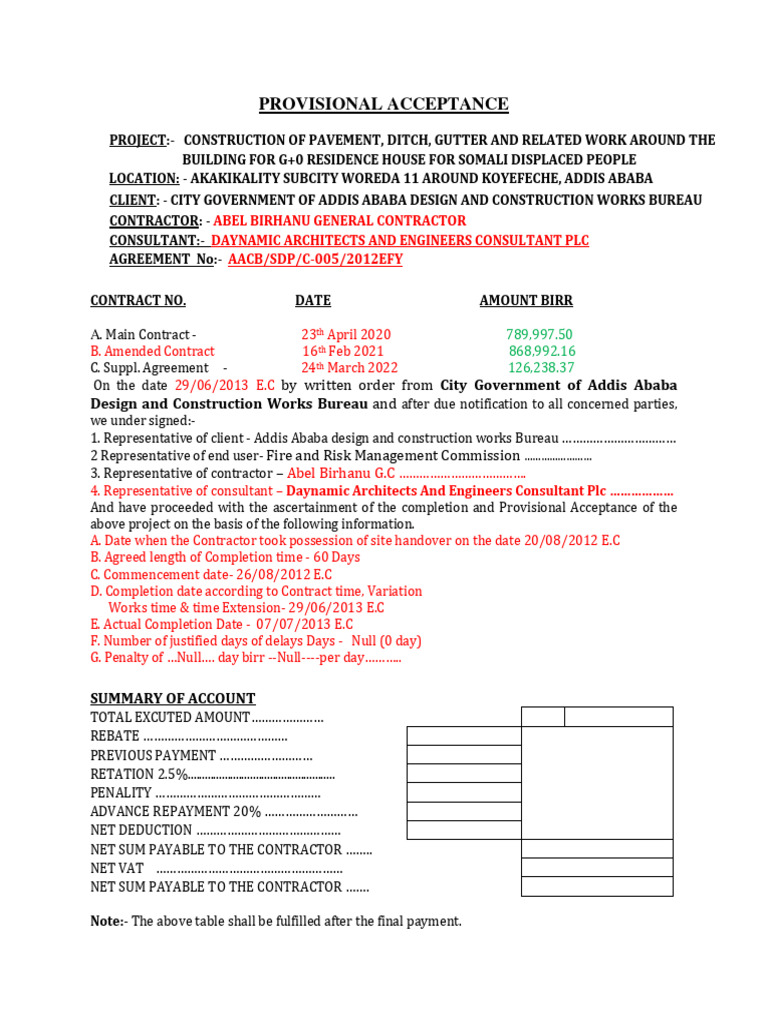Provissinal Aceptance For Abel Birhanu | PDF