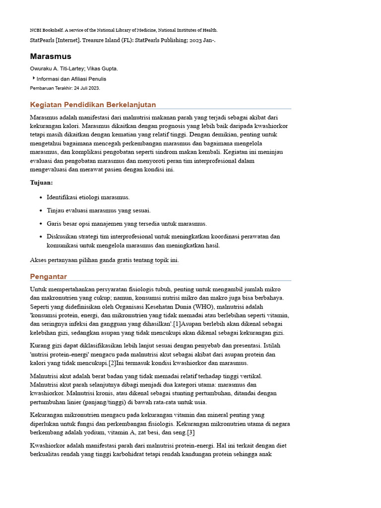Marasmus - StatPearls - Rak Buku NCBI | PDF | Kesehatan Holistik