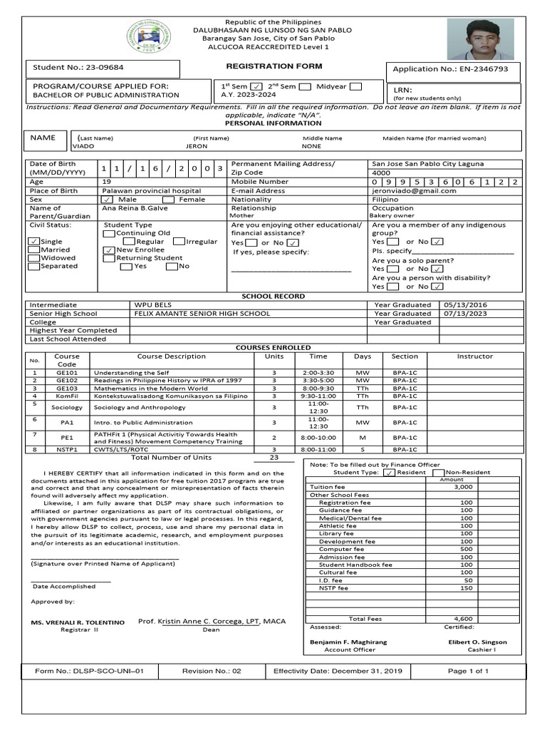 Application No.: EN-2346793 Program/Course Applied For: LRN: Student No ...