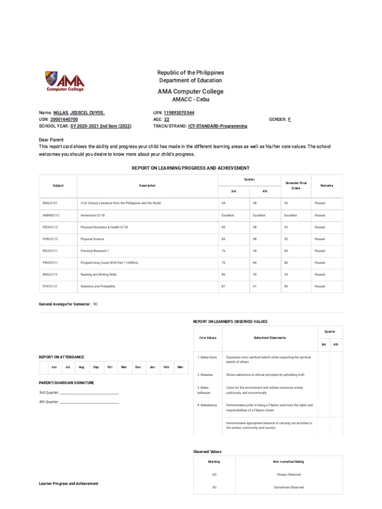 Grade Slip SHS | PDF