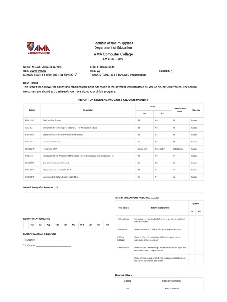 Grade Slip SHS | PDF | Learning | Behavioural Sciences