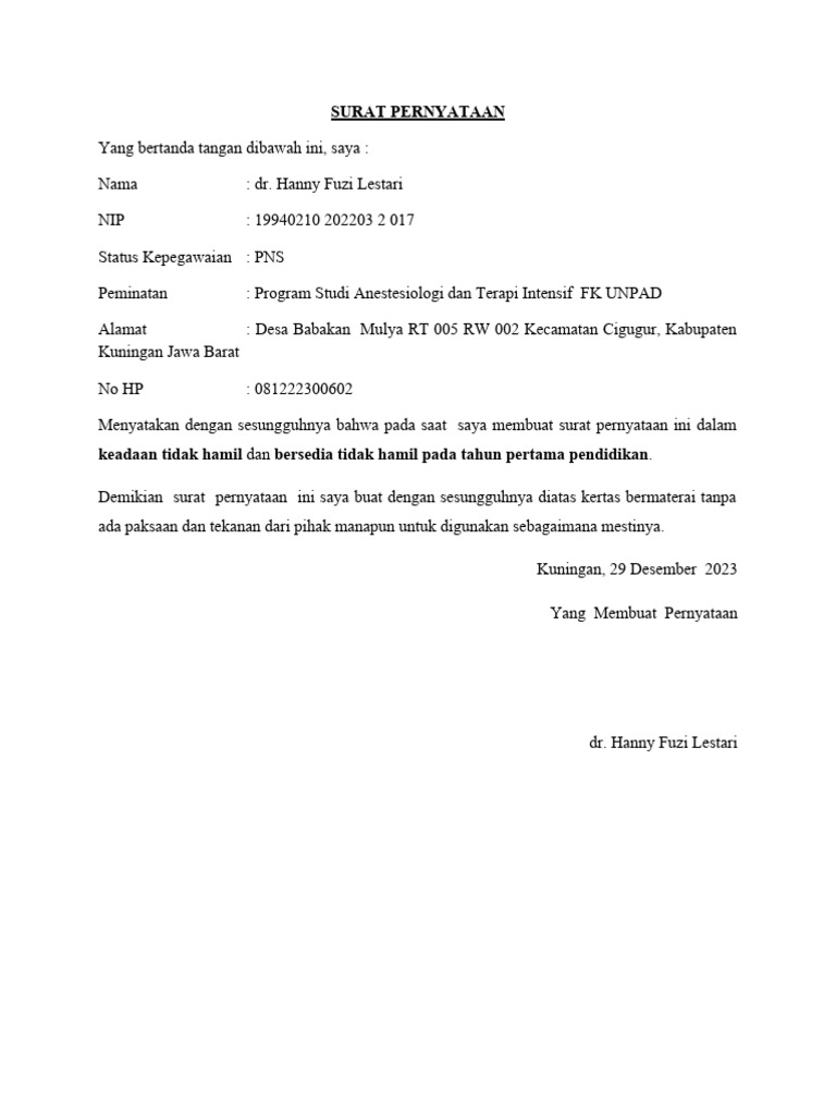 Surat Pernyataan Tidak Hamil PNS | PDF