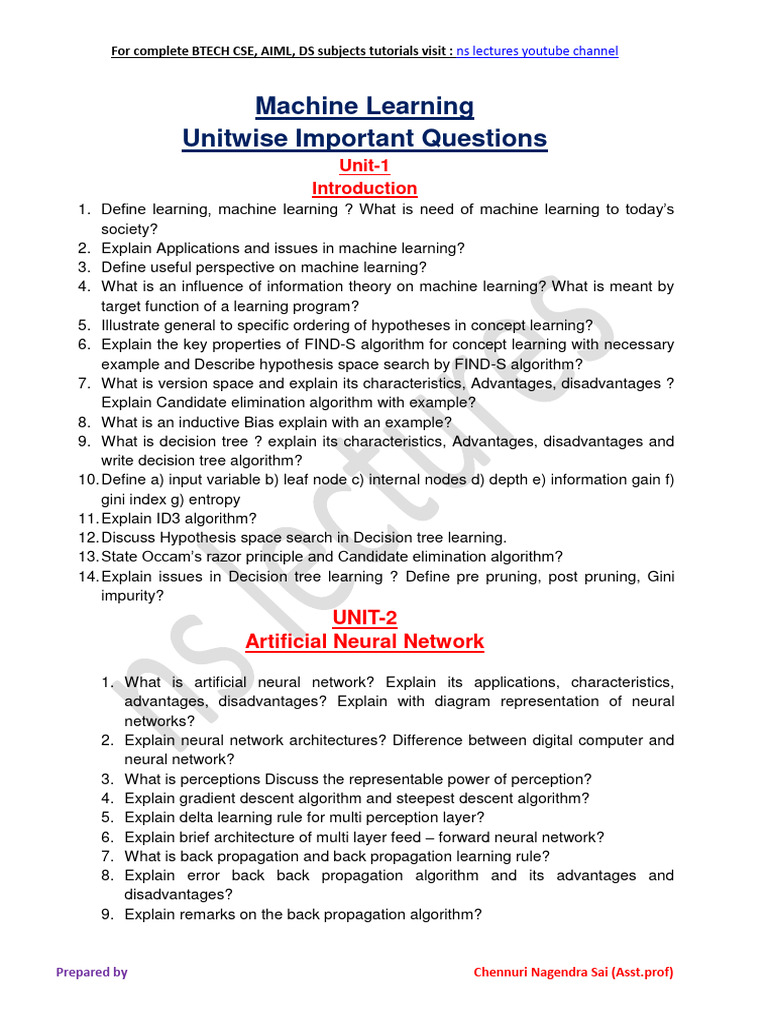 ML Unitwise Imp Questions | PDF