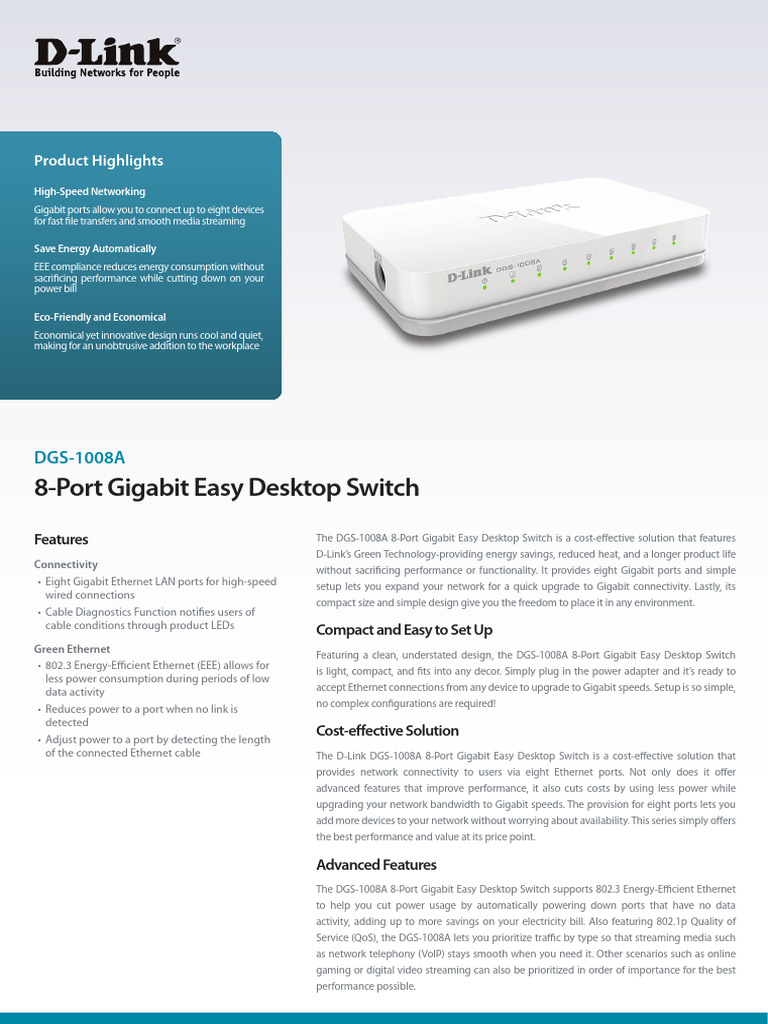 DGS-1008A D1 Datasheet 01 HQ | PDF | Ethernet | Network Switch