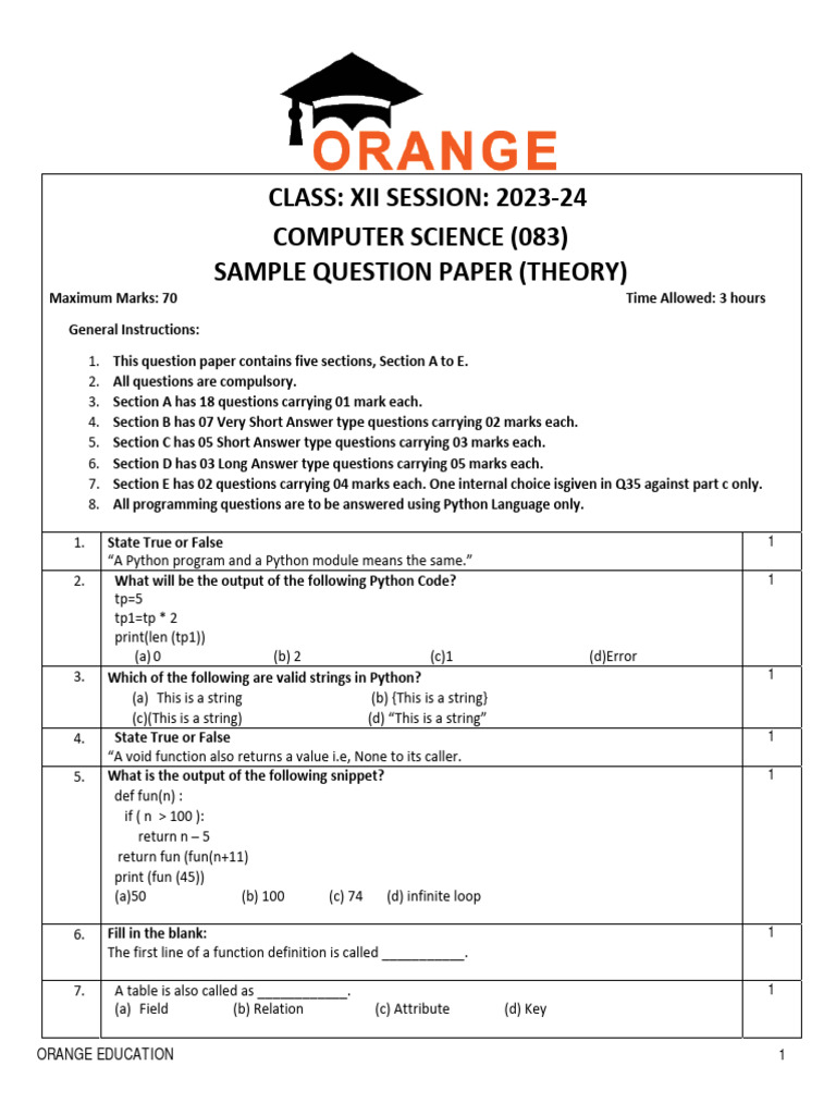 12th CS Sample Paper | PDF | Computer Engineering | Computer Data
