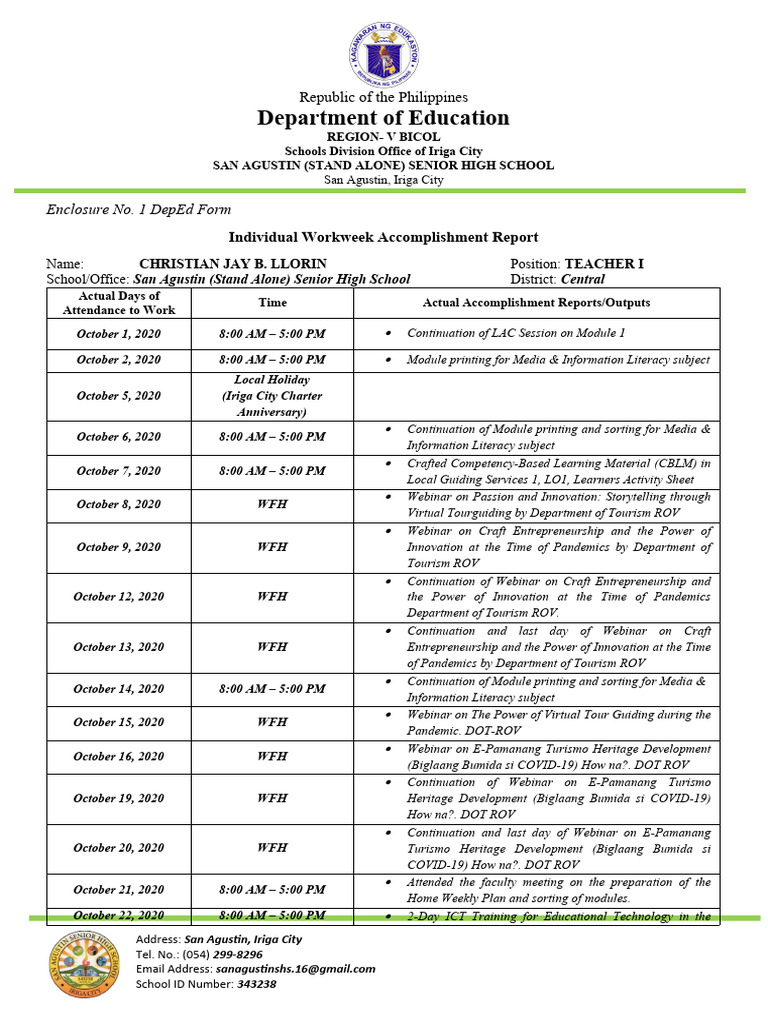 Work - Week - Plan - For - October - Maam Tess | PDF | Educational ...