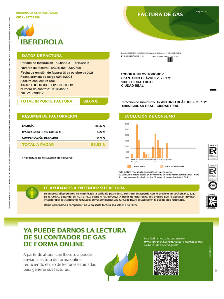 Factura Iberdrola Octubre 2023 | PDF | Factura | Energia electrica