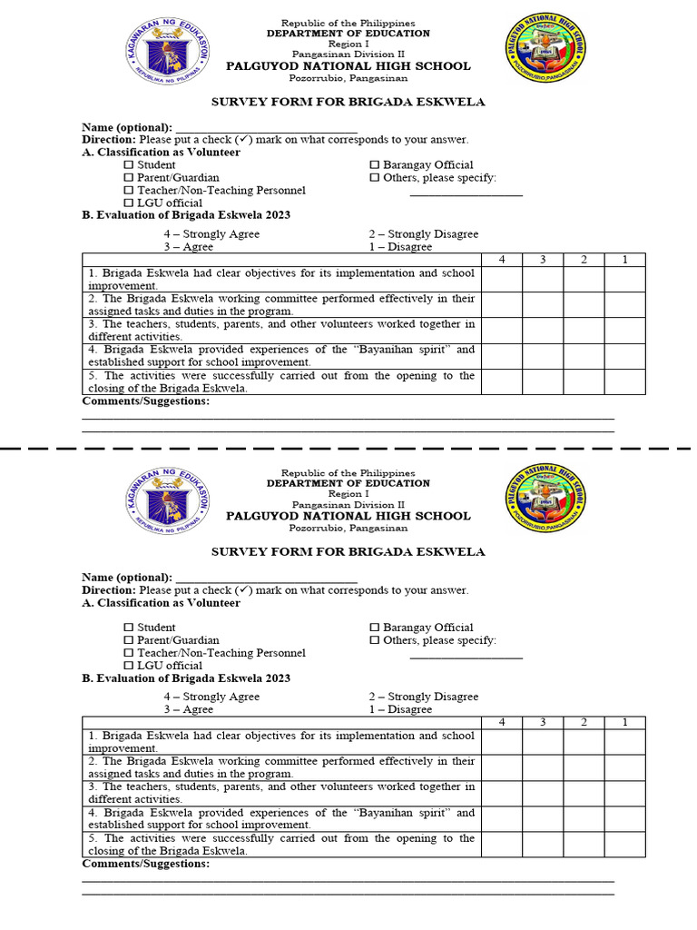 Brigada Eskwela Survey Form | PDF | Wellness