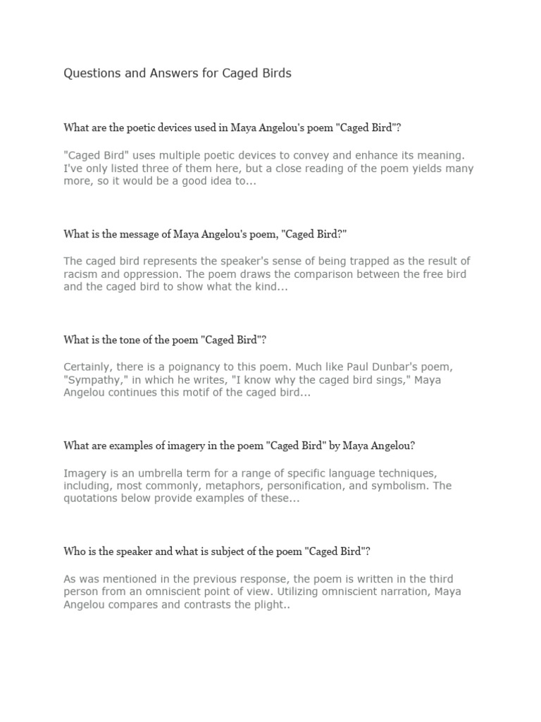 Caged Bird Poem: Analysis & Questions | PDF | Poetry | Maya Angelou