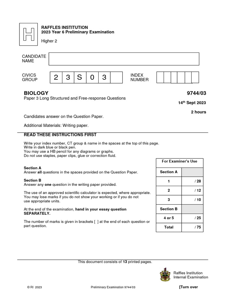 2023 RI H2 Bio Prelim P3 Questions | PDF | Immunofluorescence ...