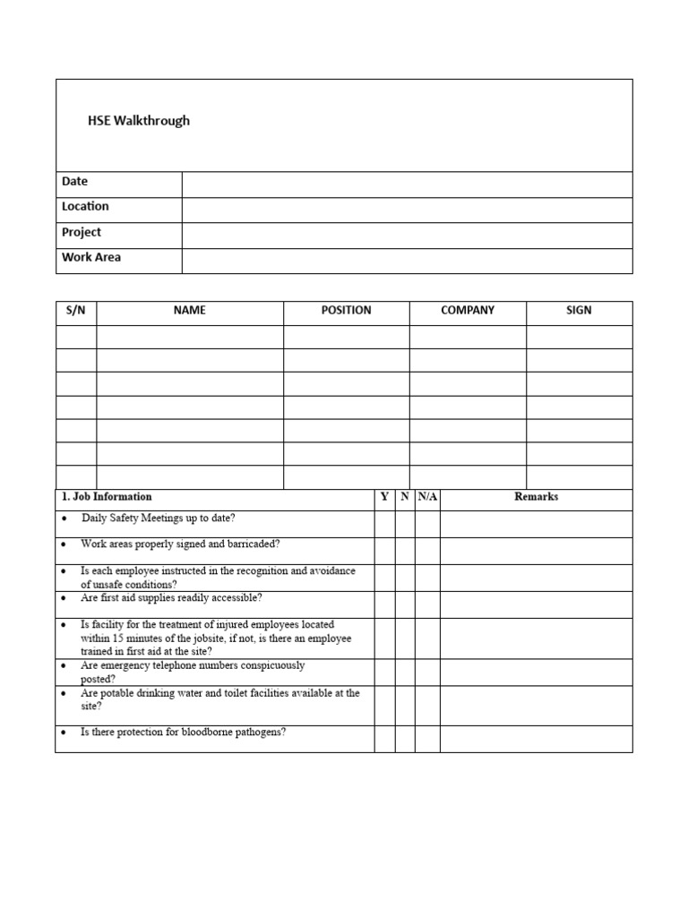 Sample HSE Walkthrough Checklist | PDF | Ladder | Scaffolding