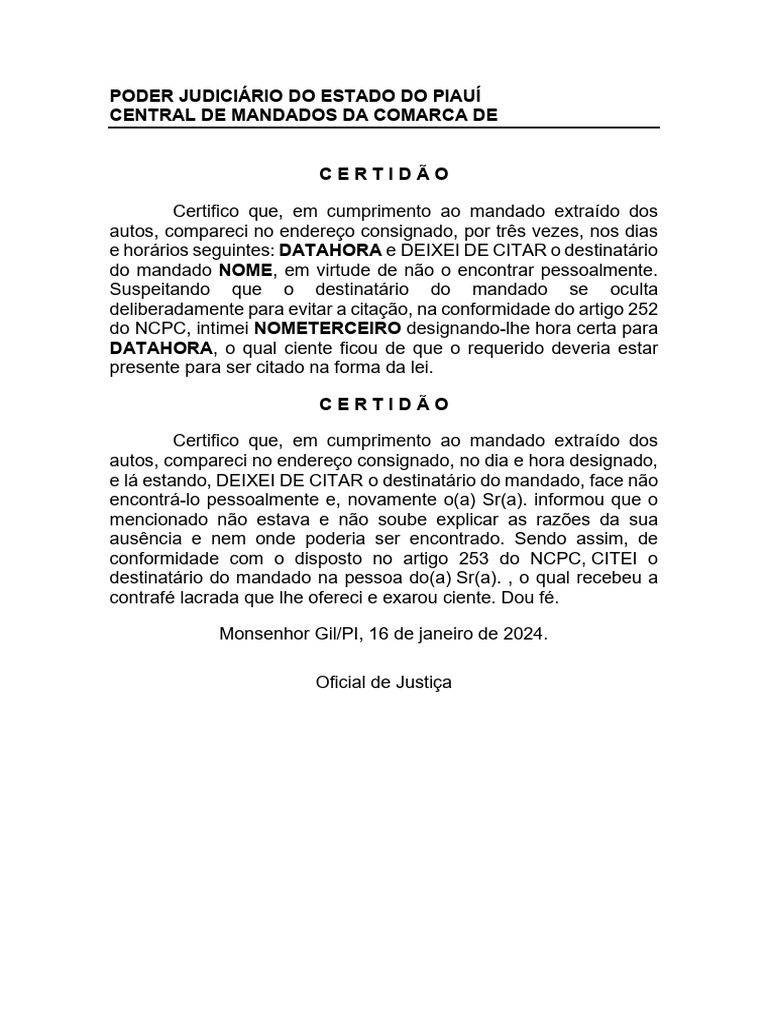 Modelo Certidão Hora Certa | PDF