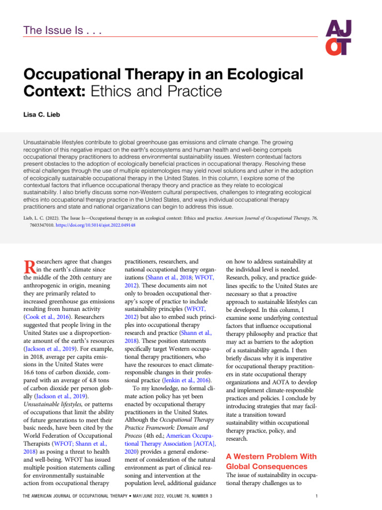 Lieb - Occupational Therapy in An Ecological Context | PDF