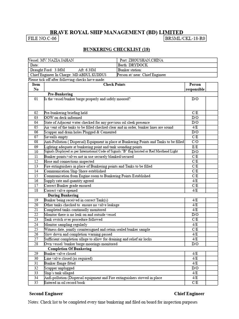 Bunkering Checklist | PDF | Valve | Fuel Oil