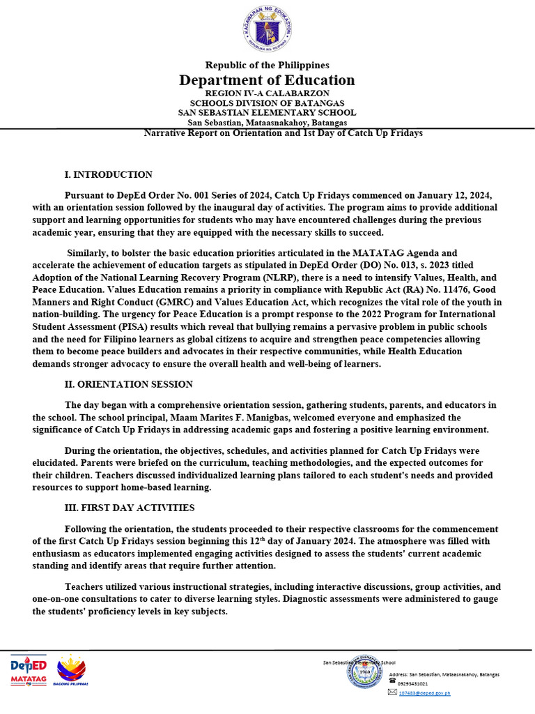 Narrative Report On The Orientation and 1st Day of Catch Up Fridays ...