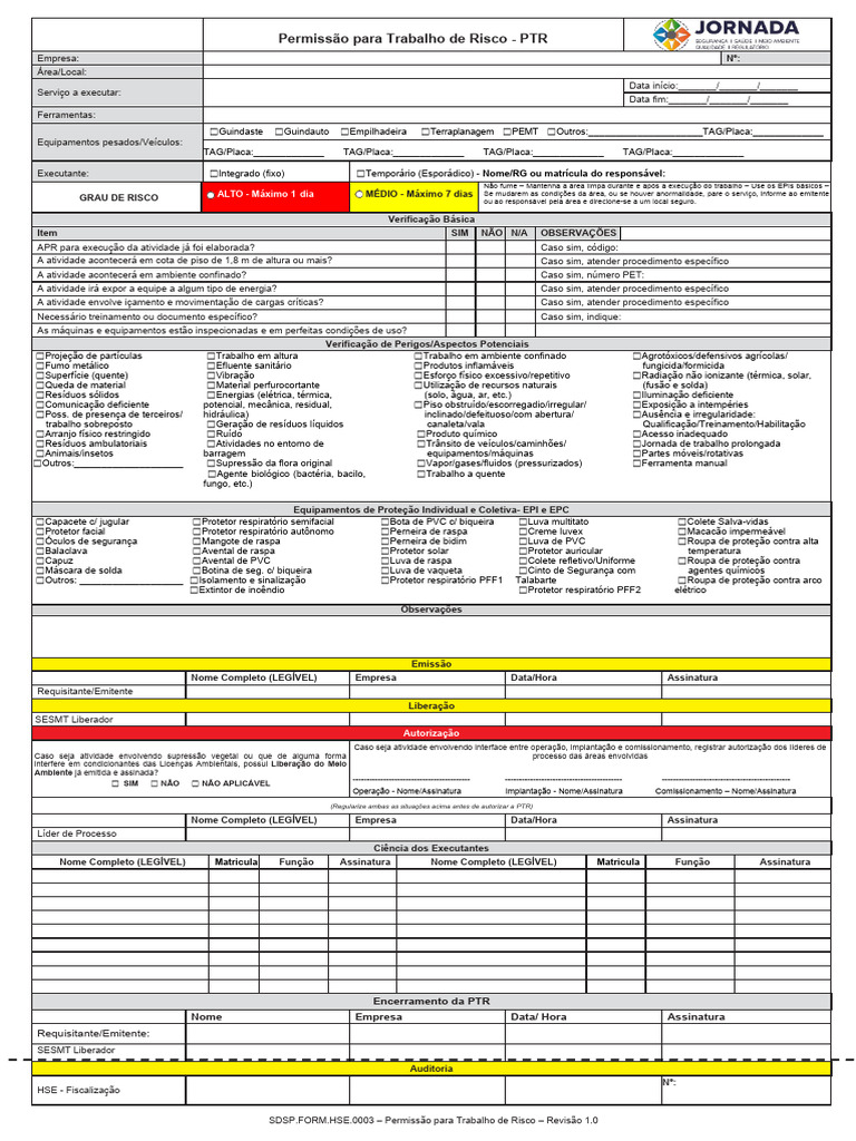 Formulario - Permissão para Trabalho de Risco - PTR | PDF | Desperdício