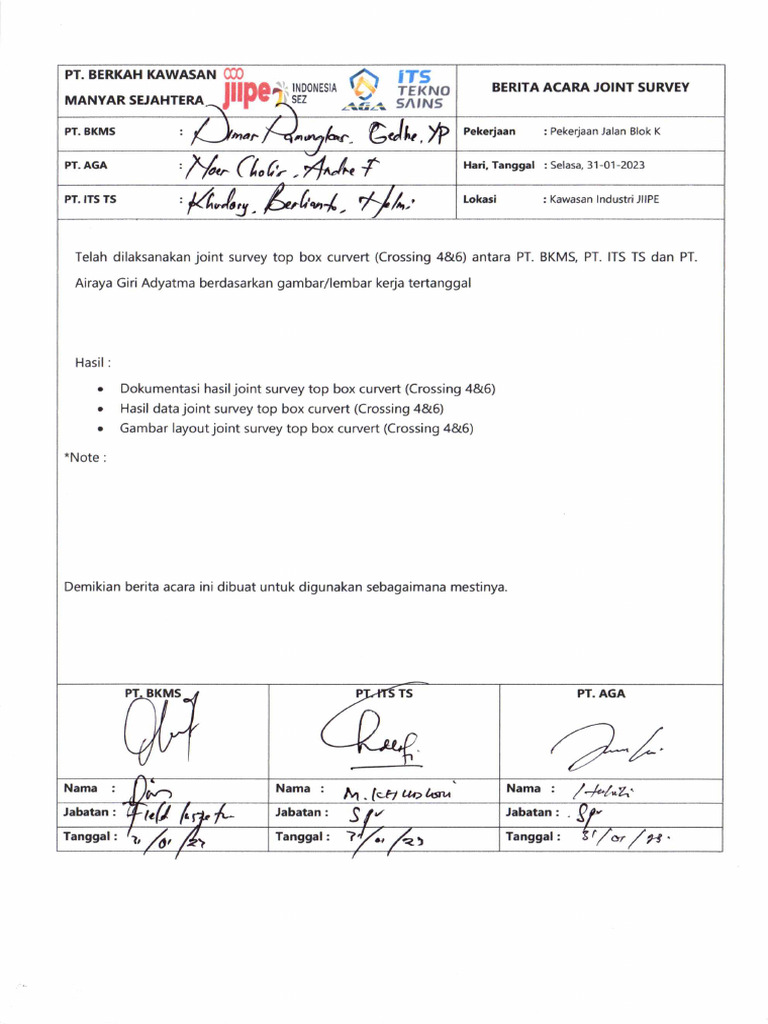 Berita Acara Joint Survey Top Box Culvert Crossing No.4 & 6 Untuk ...