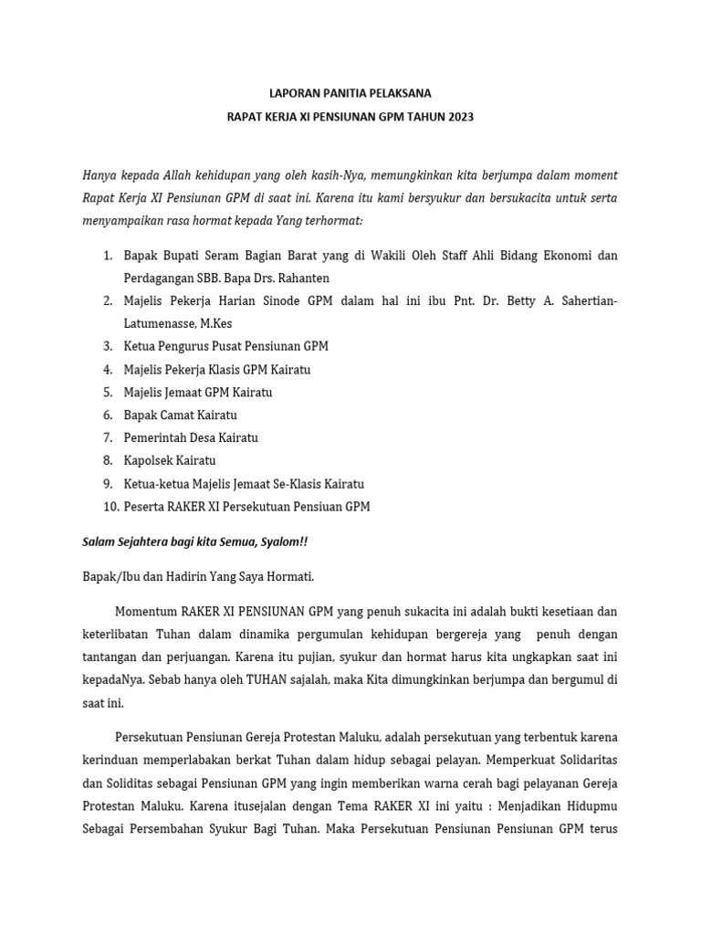 Laporan Panitia Pelaksana Raker Xi PP GPM | PDF
