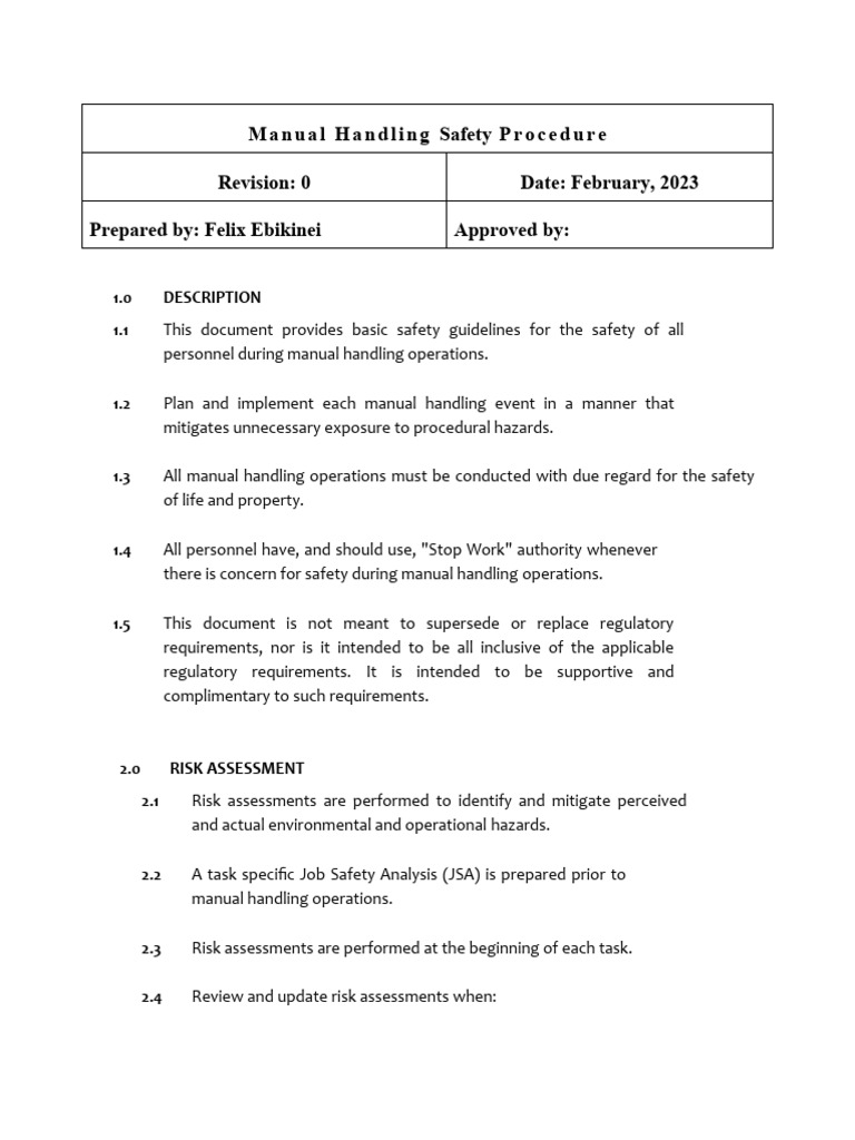 Manual Handling Safety Procedure | PDF | Risk Assessment | Foot