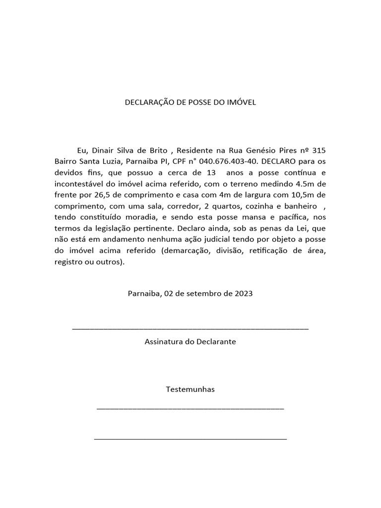 Modelo DECLARAÇÃO DE POSSE DO IMÓVEL 2 | PDF