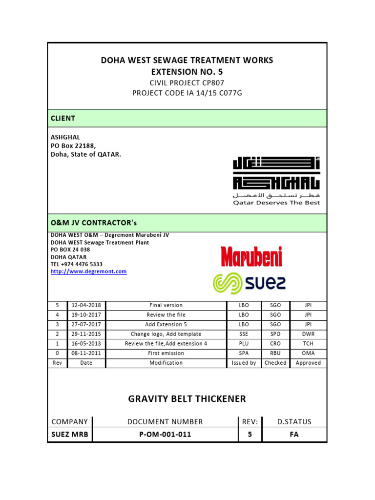 P-OM-001-011 Gravity Belt Thickener | PDF | Pump | Sewage Treatment