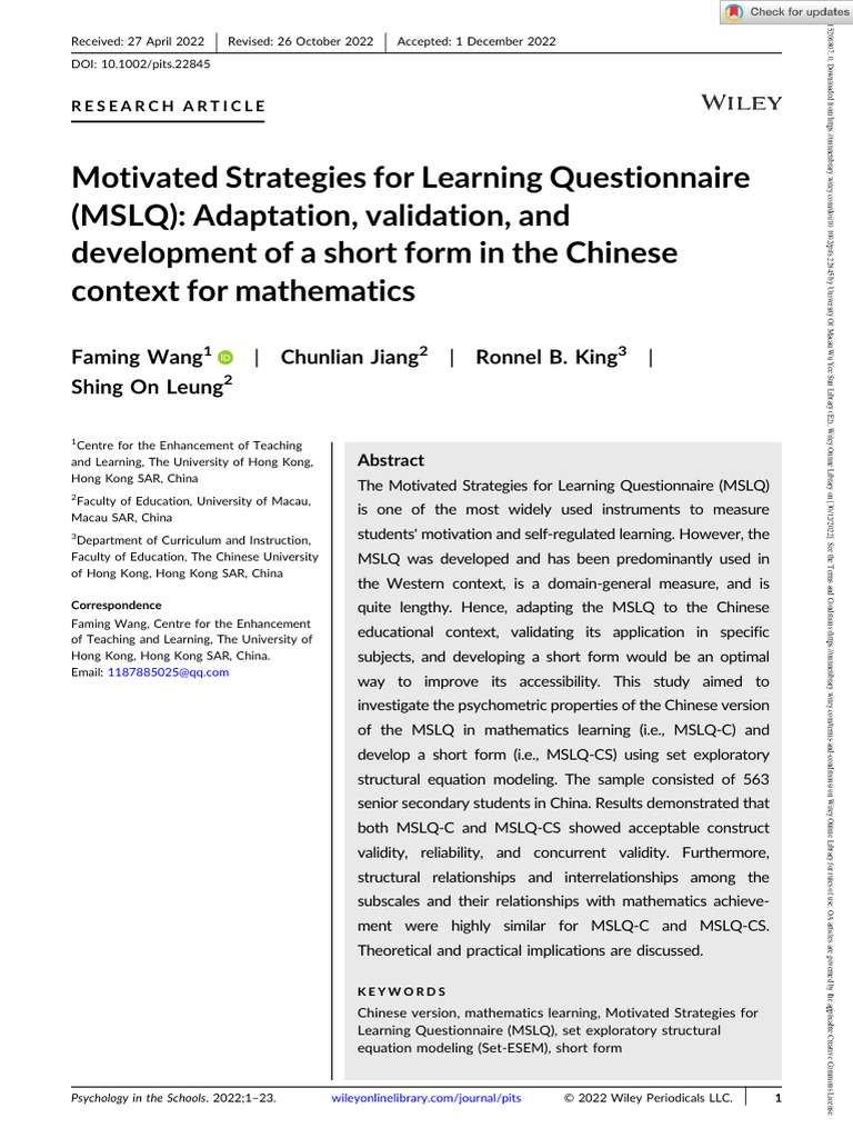 Motivated Strategies For Learning Questionnaire MSLQ | PDF | Factor ...